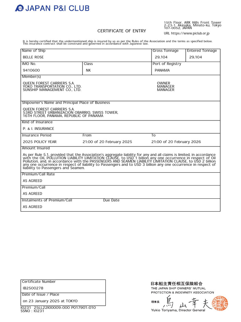 Certificate - of - Entry BELLE - ROSE I0231 SUNSHIP - MA LL 20250123 ...