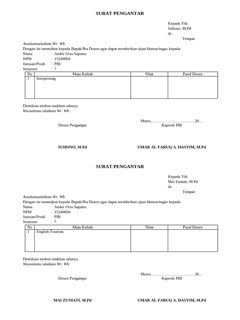 Surat Pengantar Perbaikan Nilai | PDF
