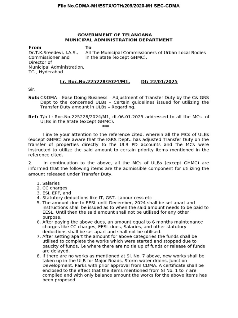 Letter To MCs of ULBs - Adjustment of Transfer Duty Guidelines | PDF