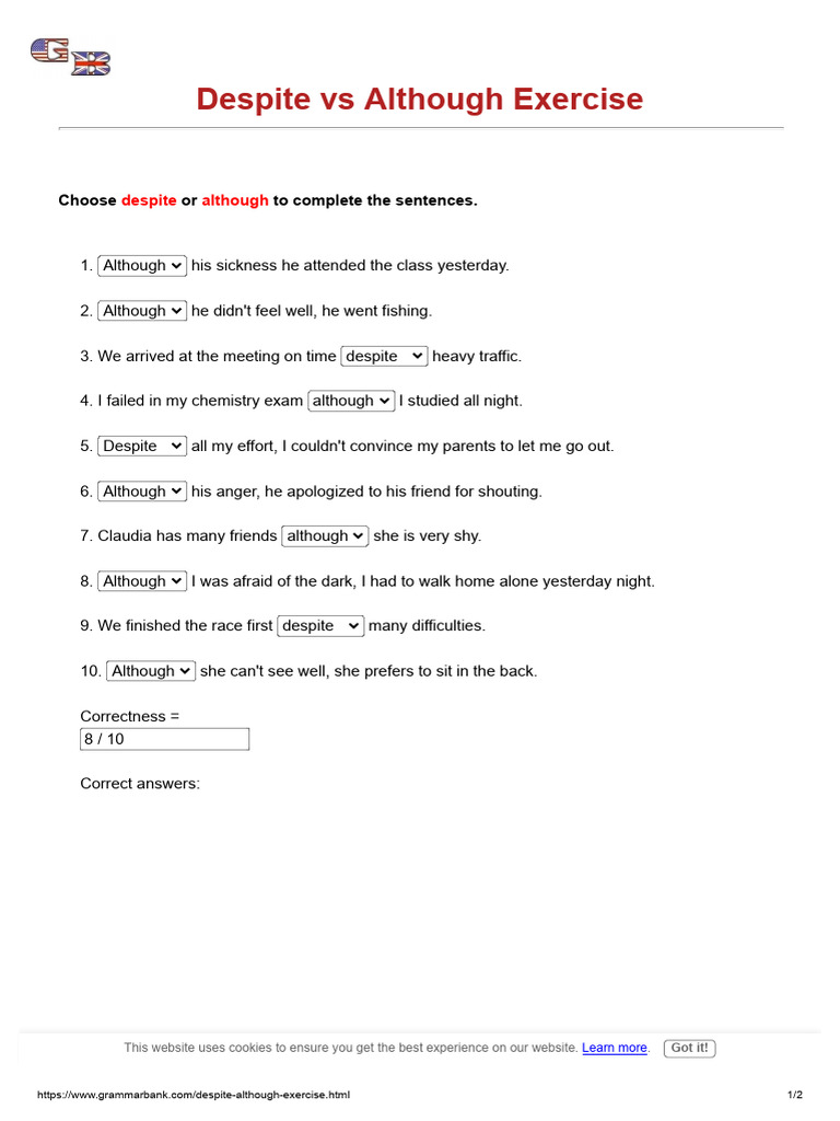 Despite Vs Although Exercise | PDF