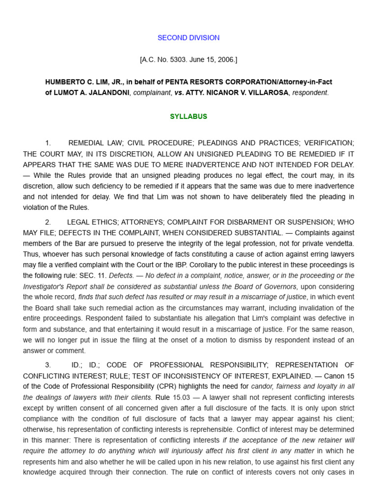 A.C. No. 5303 (Resolution) - Lim, Jr. v. Villarosa | PDF | Conflict Of ...