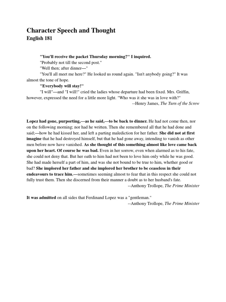Character Speech and Thought: English 181 | PDF