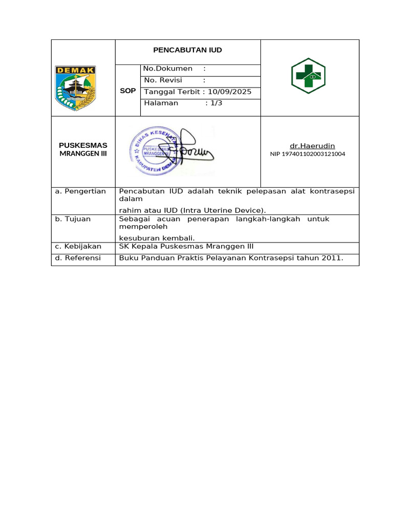 Sop Pencabutan Iud | PDF