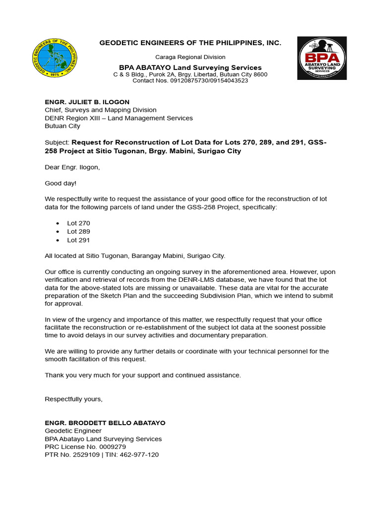 DENR Letter Request For Reconstruction of Lot Data | PDF