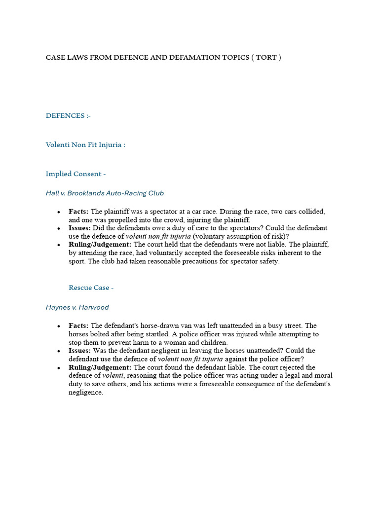 Case Laws on Defences in Tort Law | PDF | Negligence | Defamation