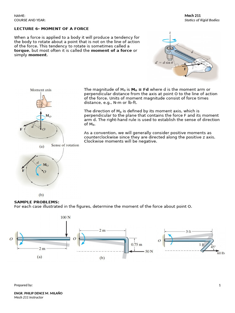Mech 211 Lecture 6 Moment of A Force | PDF