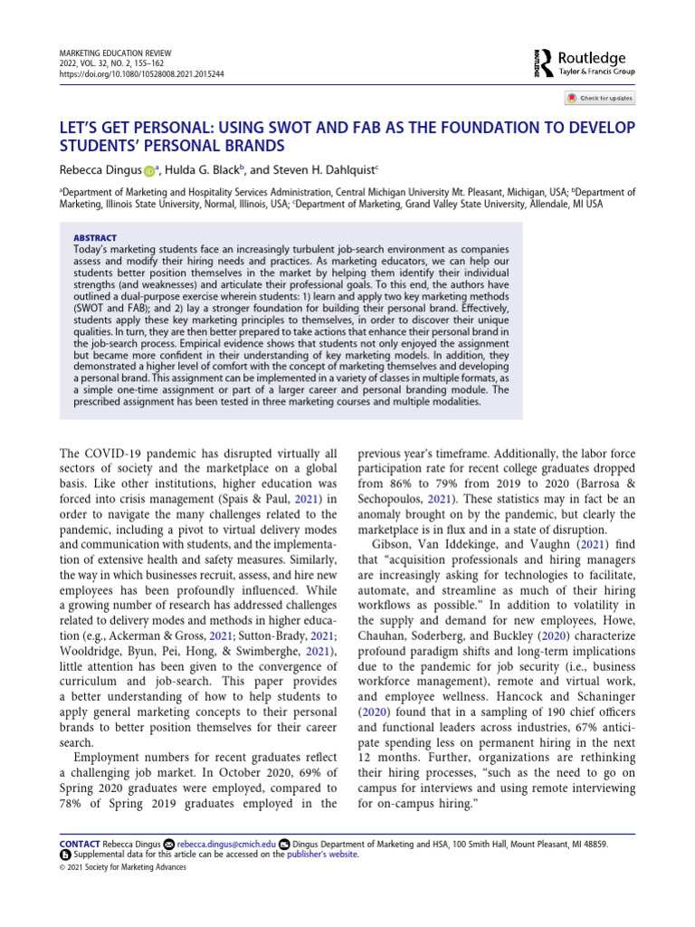 Article Let's Get Personal - Using Swot and Fab As The Foundation To Develop Students' Personal ...