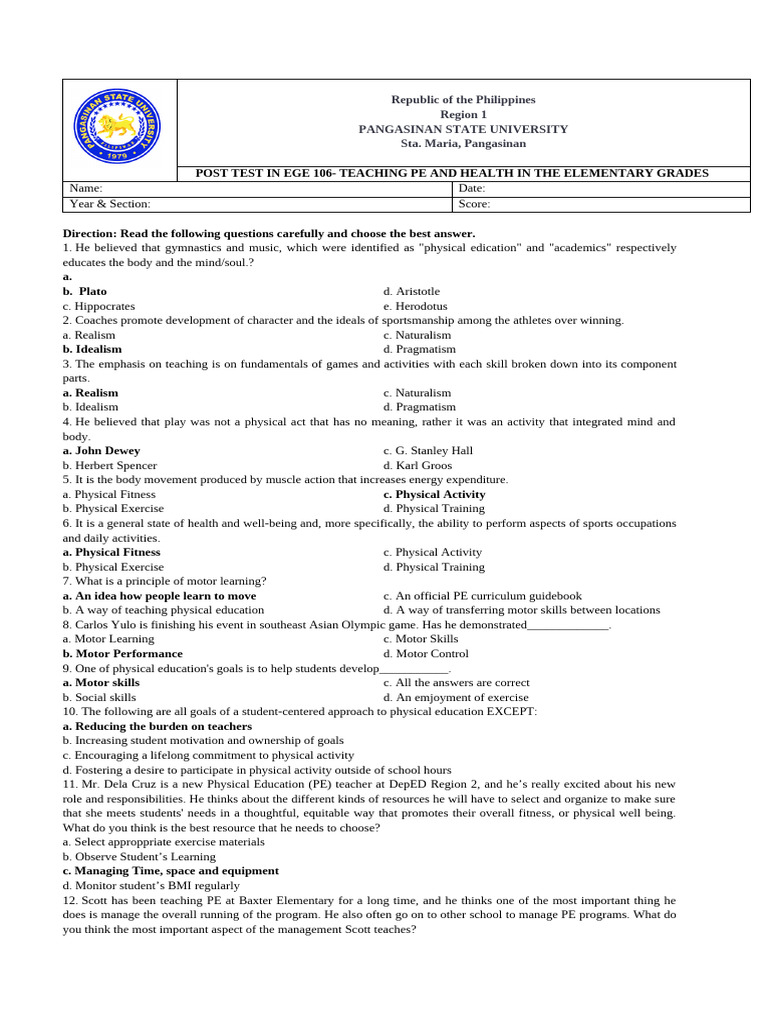 PE and Health Teaching Post Test Guide | PDF | Physical Education ...