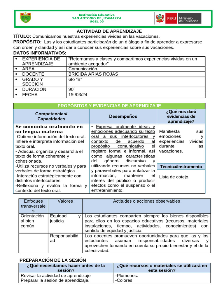 S. 3 Comunicamos Nuestras Experiencias Vividas en Las Vacaciones | PDF ...