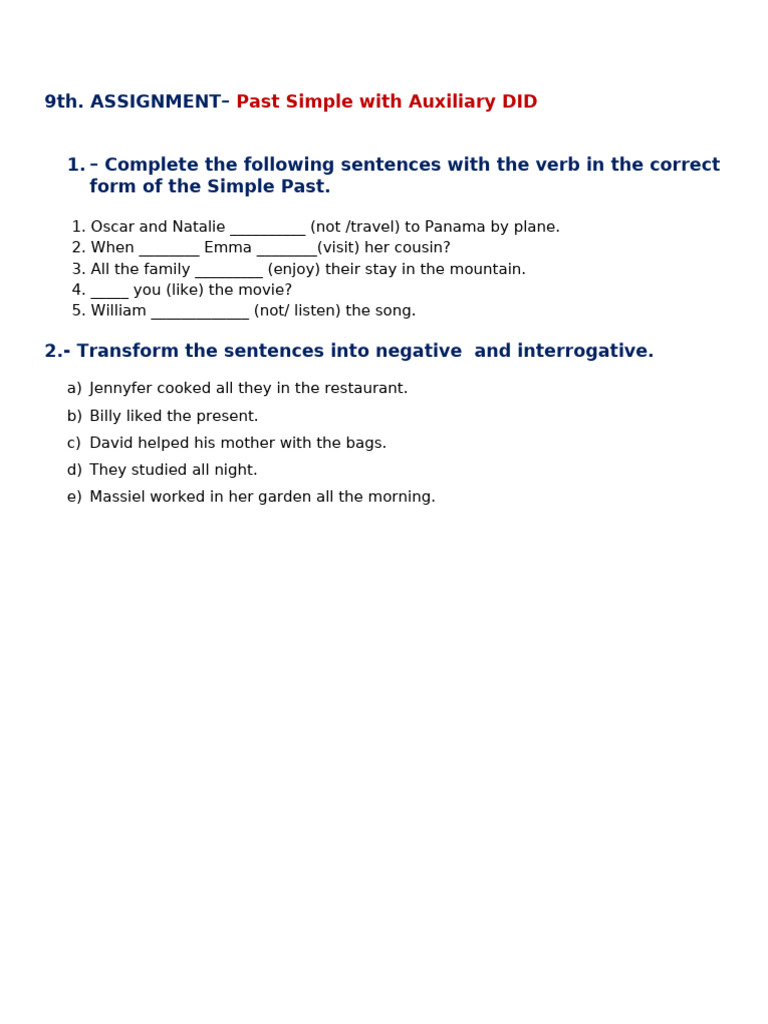 9th. Assignment - Past Simple With Auxiliary DID - August 3rd, 2024 | PDF