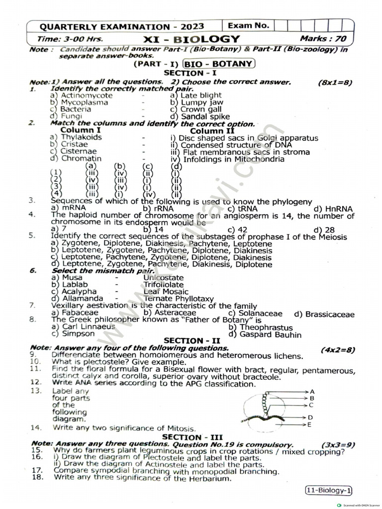 11th Biology em Quarterly Exam 2023 Original Question Paper With Answer ...