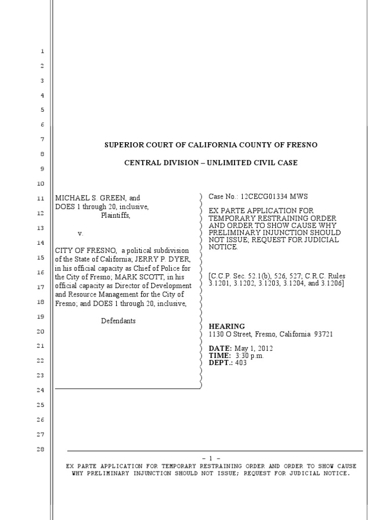 Fresno Cannabis Lawsuit - Ex Parte Application | PDF | Injunction ...