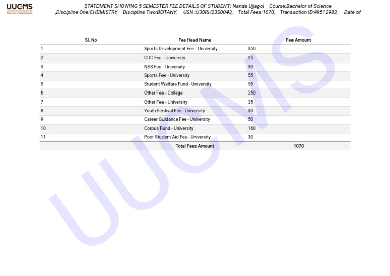 University Fee Breakdown for B.Sc. Student | PDF