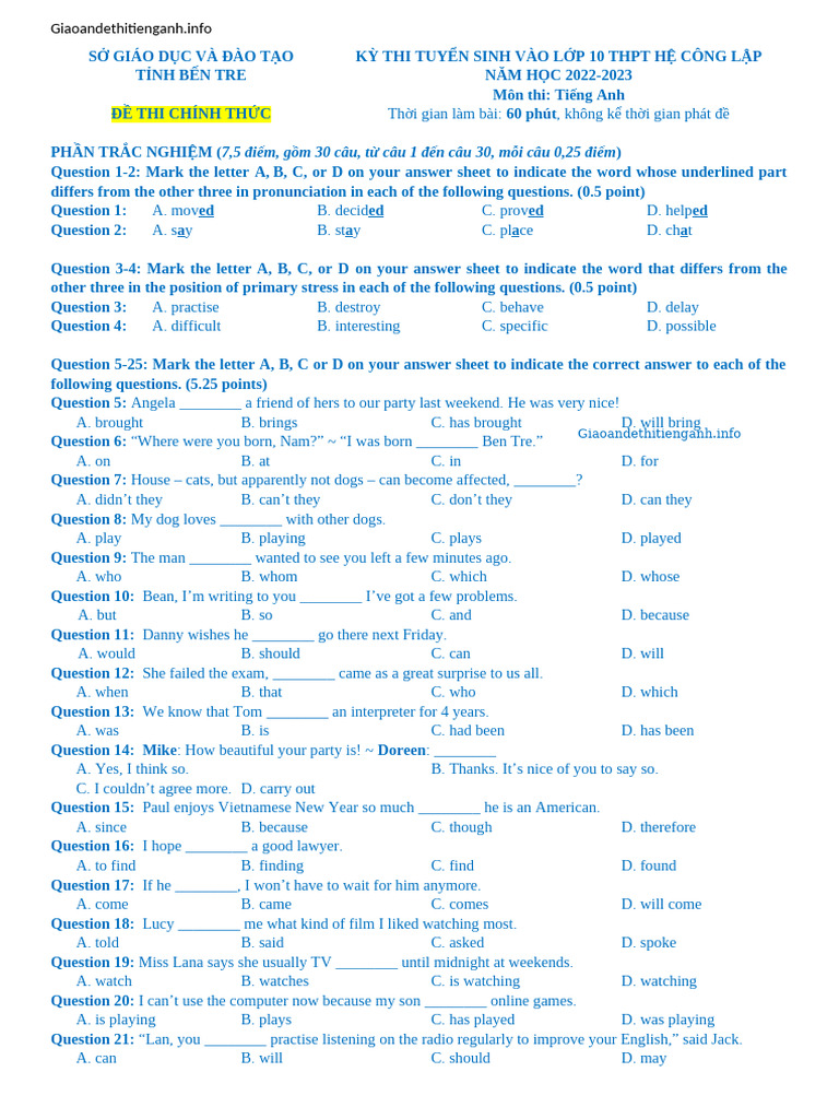 Bến Tre 10th Grade English Exam 2022-2023 | PDF | Greenhouse Effect ...