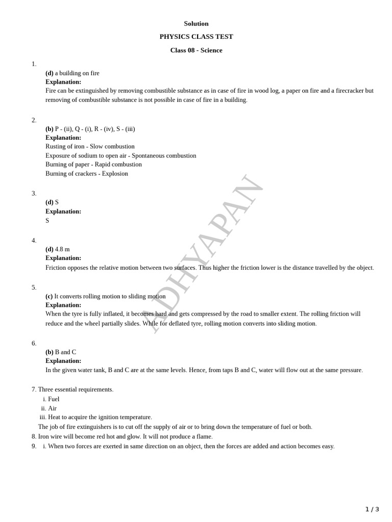 Class 8 Physics Test Solutions | PDF | Force | Combustion