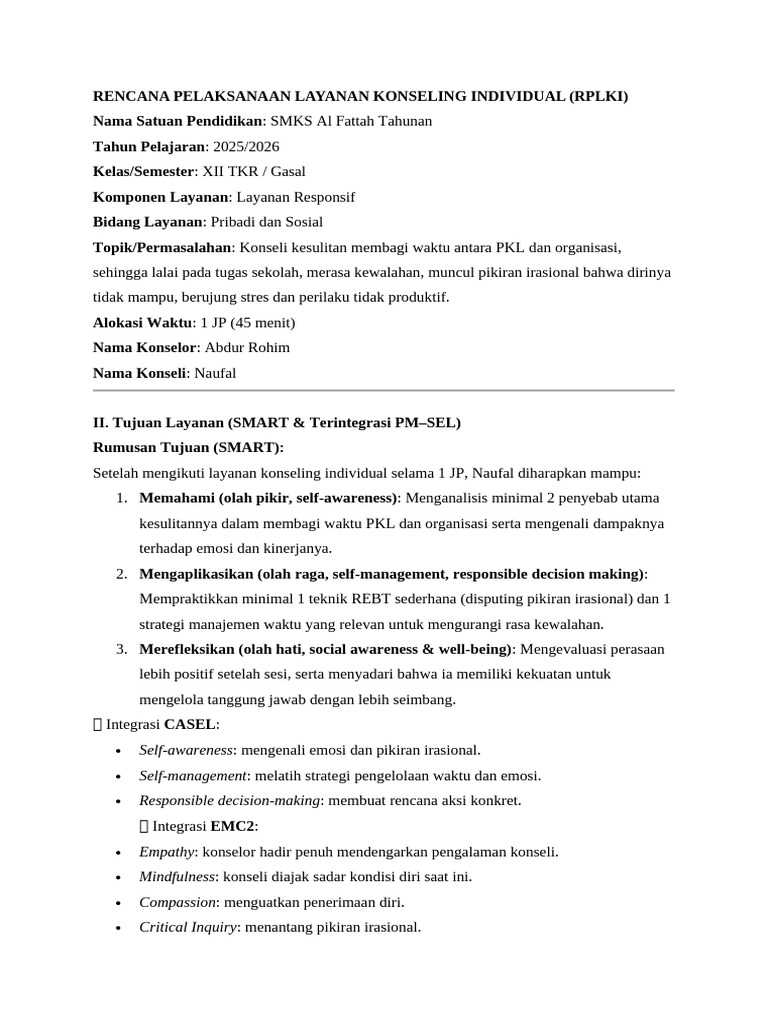 Rencana Pelaksanaan Layanan Konseling Individual | PDF