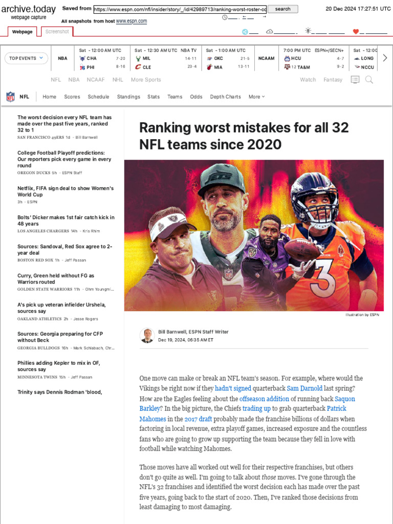 Ranking Worst Mistakes For All 32 NFL Teams Since 2020 - ESPN | PDF ...