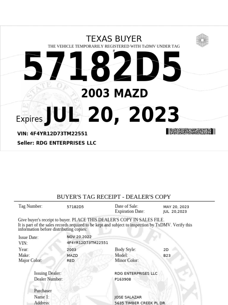 Texas Buyer's Tag Receipt Details | PDF | Vehicles | Transport