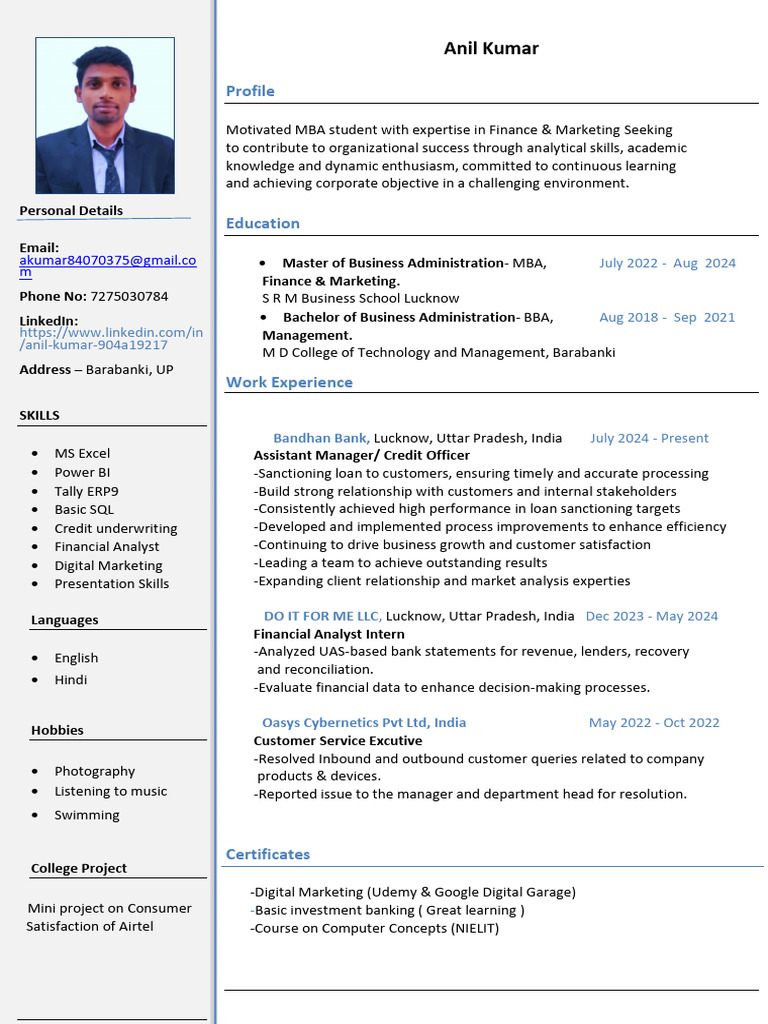 Anil - Resume New | PDF | Marketing | Financial Analyst