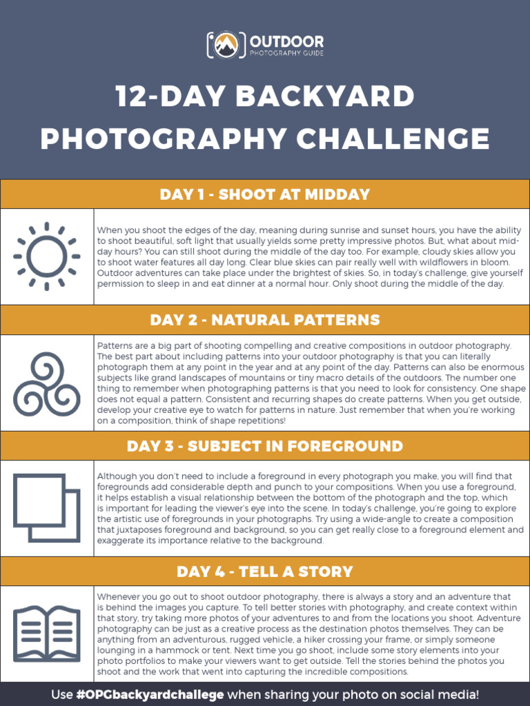 12-Day Outdoor Photography Challenge | PDF | Camera Lens | Exposure ...