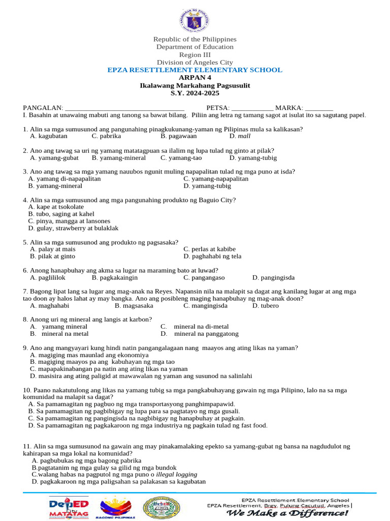 2nd Periodical Exam Arpan 2024-2025 | PDF