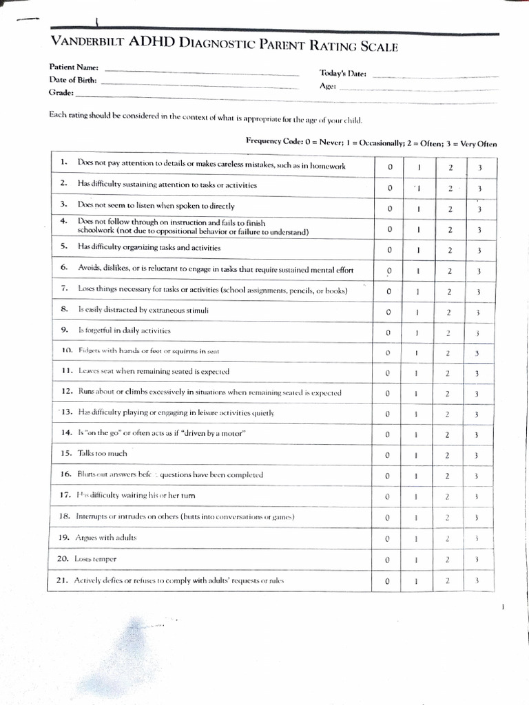 Vanderbilt ADHD Diagnostic Rating Scale | PDF | Attention Deficit ...