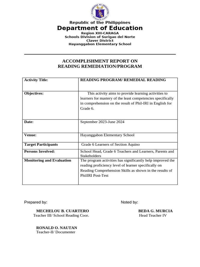 Accomplishment and Narrative Report Reading Program | PDF | Reading Comprehension | Learning