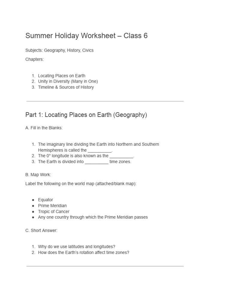 Class 6 Geography: Locating Places Worksheet | PDF