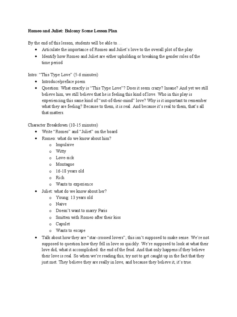 Romeo and Juliet: Balcony Scene Lesson Plan | PDF | Characters In Romeo ...