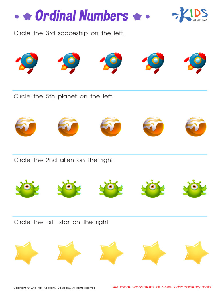 Kindergarten Ordinal Numbers Space Ordinals Worksheet | PDF