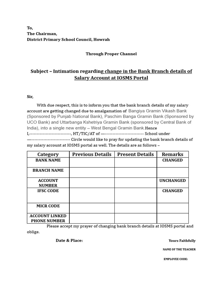 Bank Branch Change Format | PDF