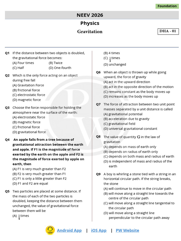 Gravitational Force Quiz and Answers | PDF | Force | Gravity