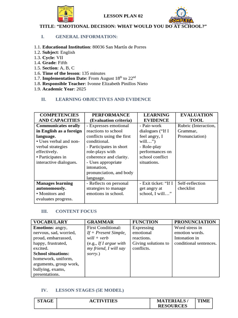 LESSON PLAN 02 Reprogramado | PDF | Emotions | Teachers