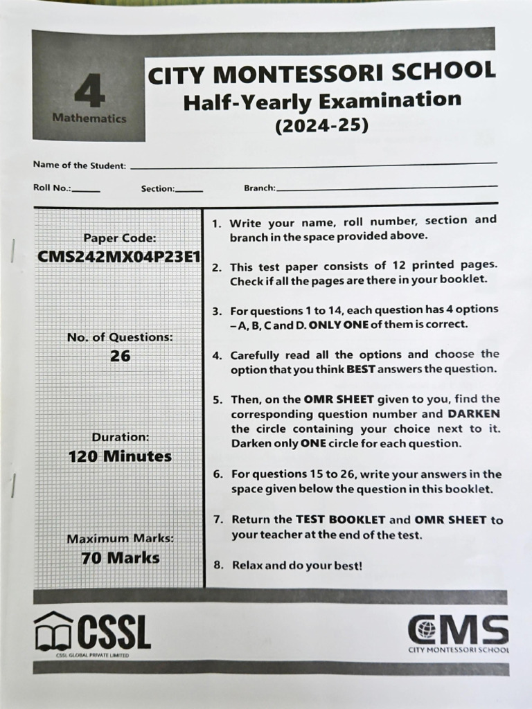 Grade 4 Mathematics Exam Paper 2024-25 | PDF | Mathematics