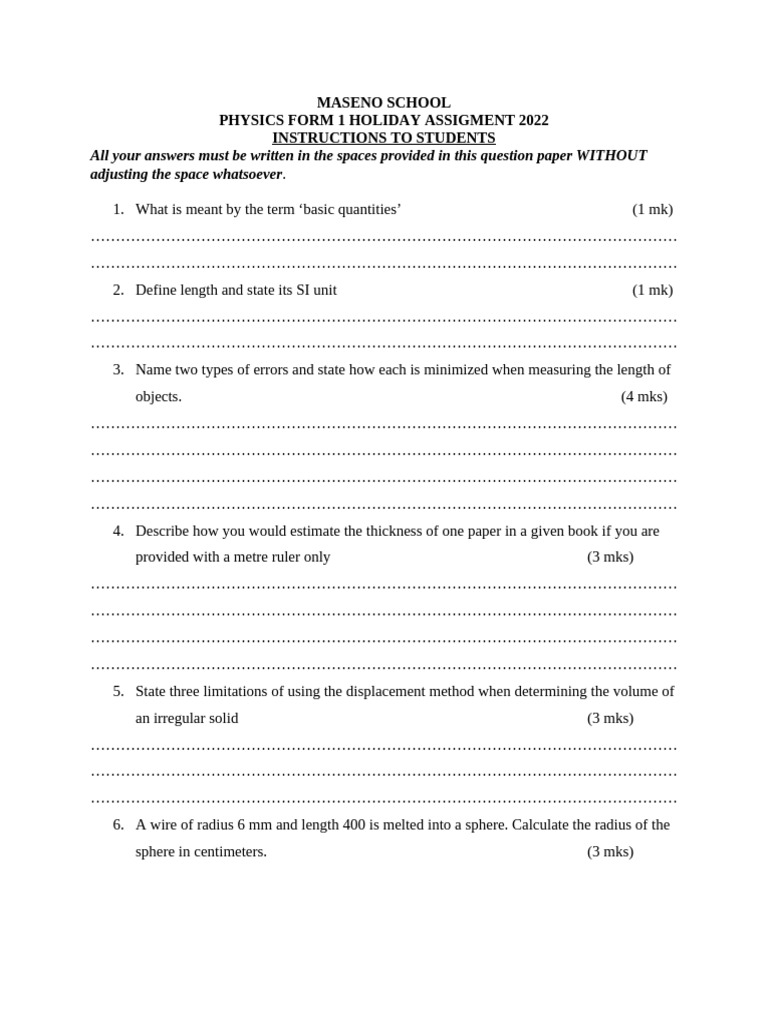 Form 1 Physics Holiday Assignment | PDF | Density | Physical Quantities