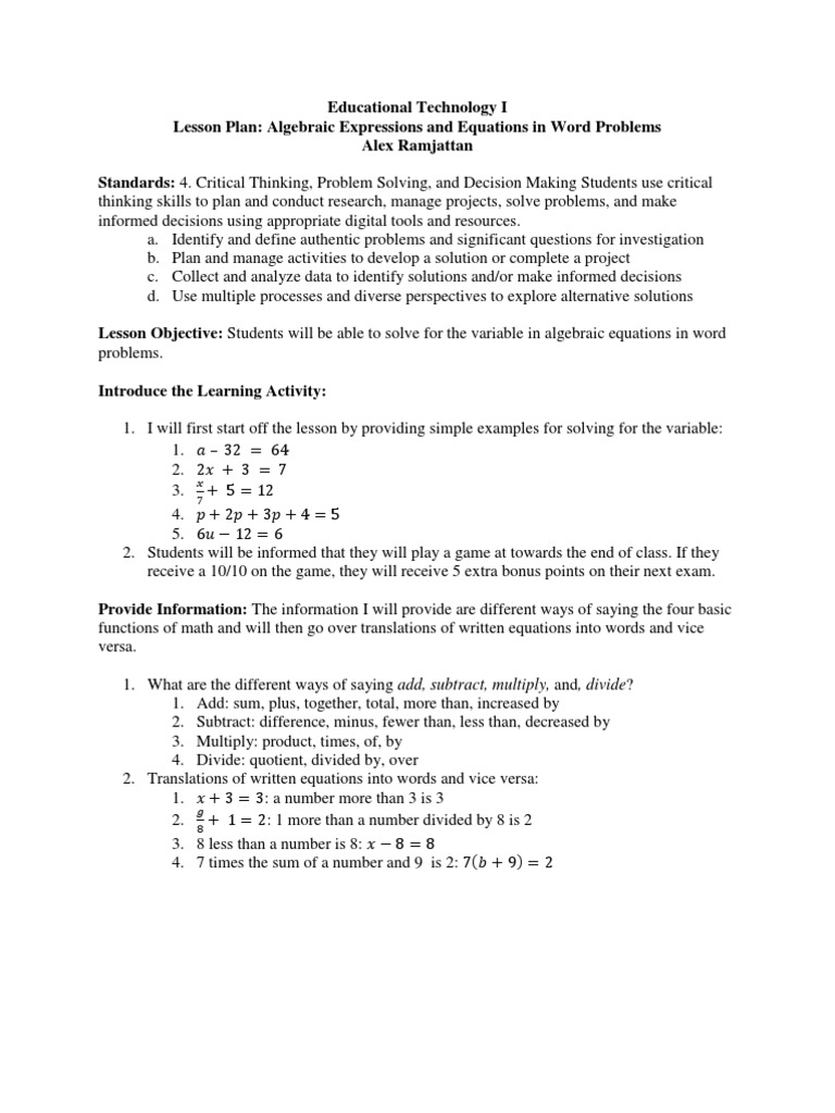 Algebraic Expressions and Equations in Word Problems | PDF | Equations ...