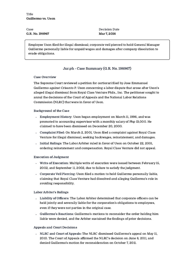 Guillermo vs. Uson: Corporate Liability Ruling | PDF | Legal Liability ...