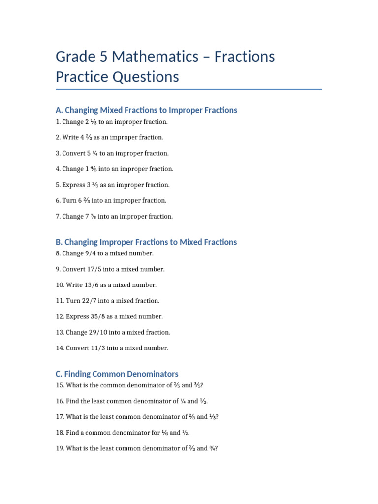 Grade 5 Fractions Practice Questions | PDF