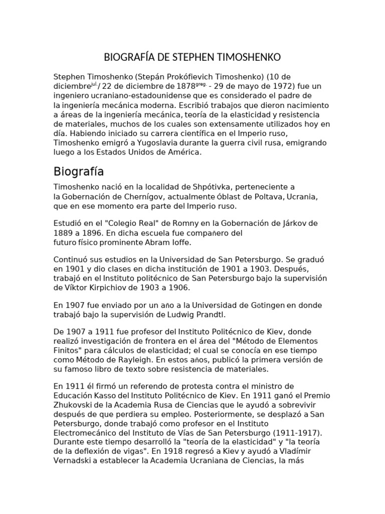 BIOGRAFÍA DE STEPHEN TIMOSHENKO | PDF