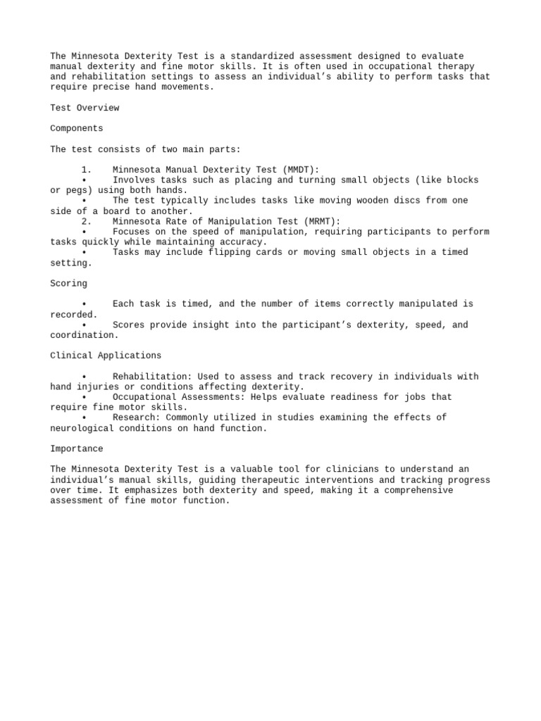 Minnesota Dexterity Test Overview | PDF