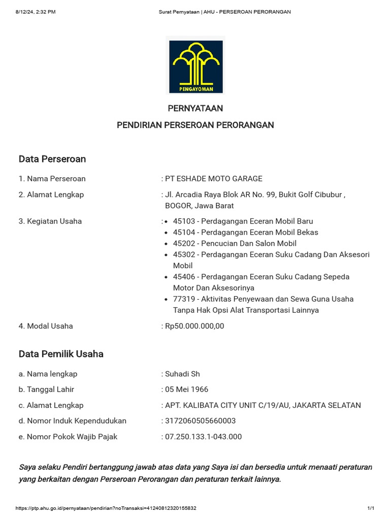 Surat Pernyataan - Ahu - Perseroan Perorangan | PDF