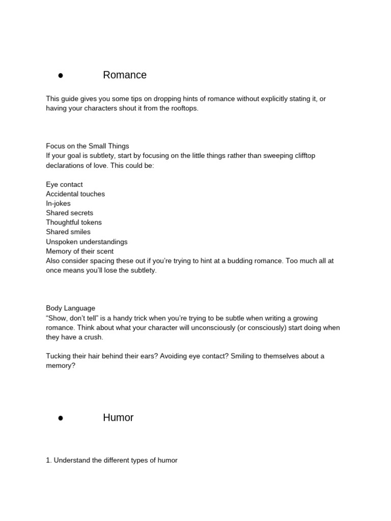 Subtle Romance and Humor in Writing | PDF | Narration | Panic Attack
