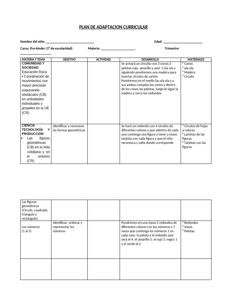 Plan de Adaptación Curricular Pre-Kinder | PDF