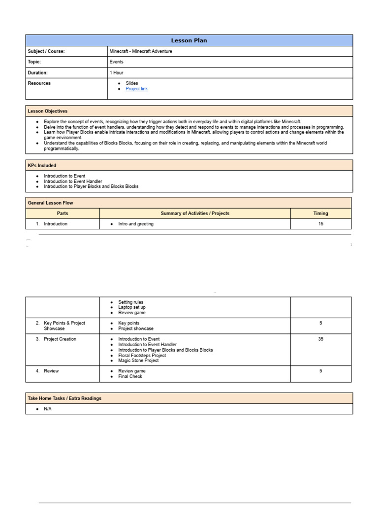 Minecraft Events Lesson Plan | PDF | Computer Programming | Minecraft