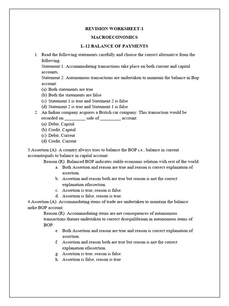 Revision Worksheet-1 Macroeconomics L-12 Balance of Payments | PDF ...