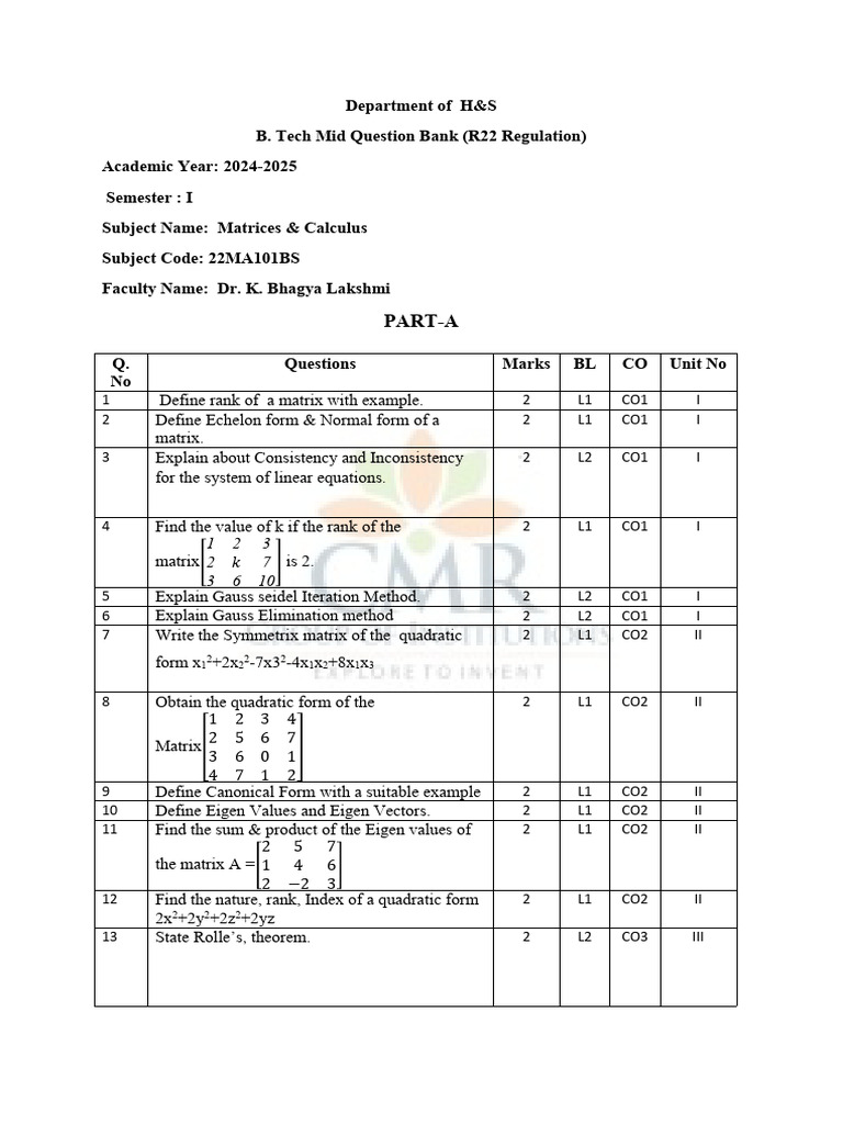 Question Bank Matrices and Calculus 2024 25 | PDF | Matrix (Mathematics) | Eigenvalues And ...