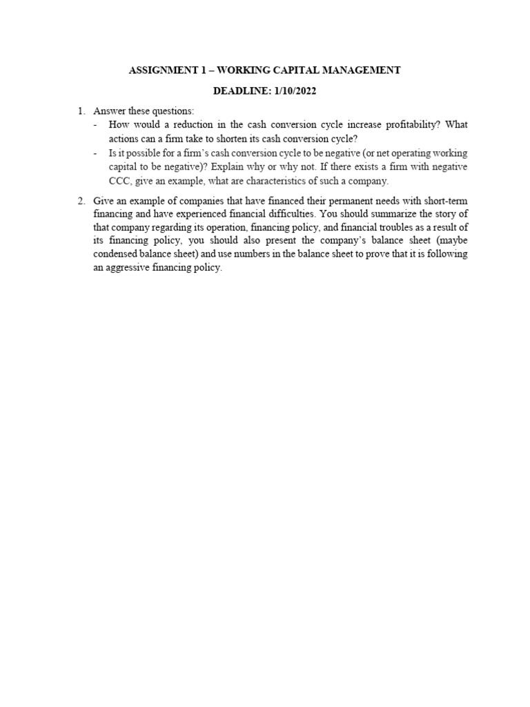Assignment 1-Chapter 1-Working Capital Management - K20 | PDF