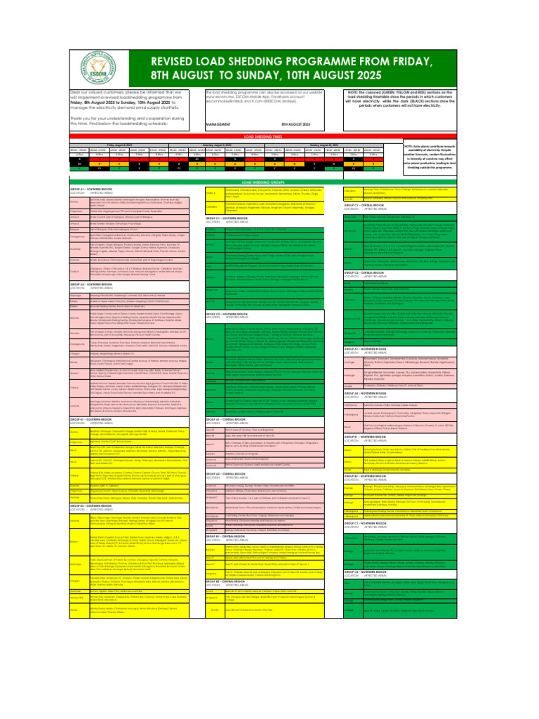 Revised Load Shedding Programme From Friday 8TH August To Sunday 10TH ...