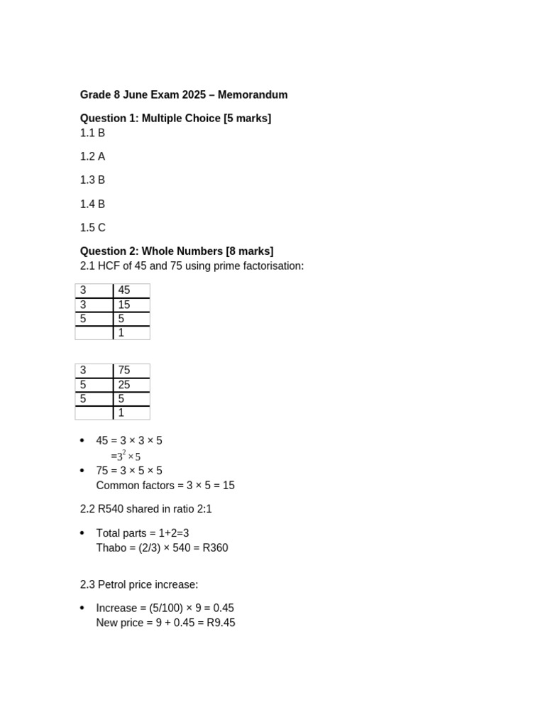 Grade 8 June Exam 2025 Memo Edit | PDF