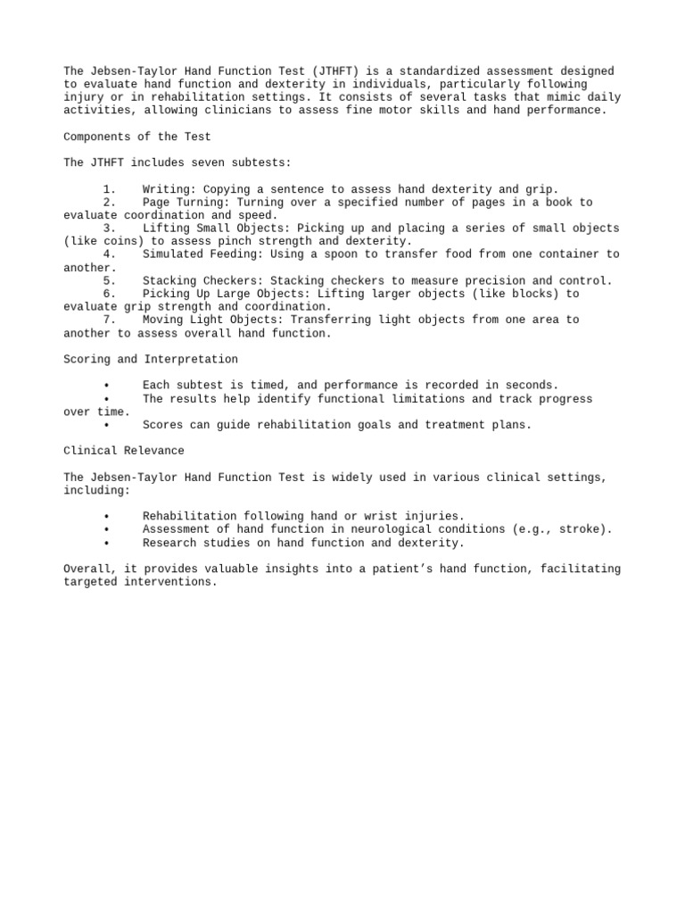 Jebsen-Taylor Hand Function Test Overview | PDF